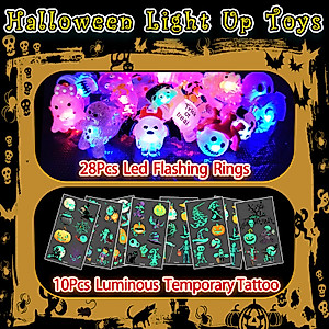 38Pcs Halloween Party Favors for Kids, 3D Light Up Rings Bulk Toys Halloween Treats Non Candy, 28 Led Flashing Rings & 10 Luminous Tattoos, Halloween Goodie Bag Fillers Glow In The Dark Party Supplies
