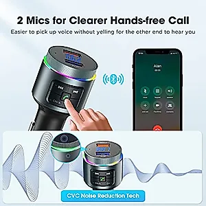 Upgraded Bluetooth FM Transmitter for Car, Auto-Tune Bluetooth Car Adapter, 2 Microphones & QC3.0 Bluetooth Radio for Car/ Music Player/ Car Kit with Big Knob Button, 9 Colors LED Backlit