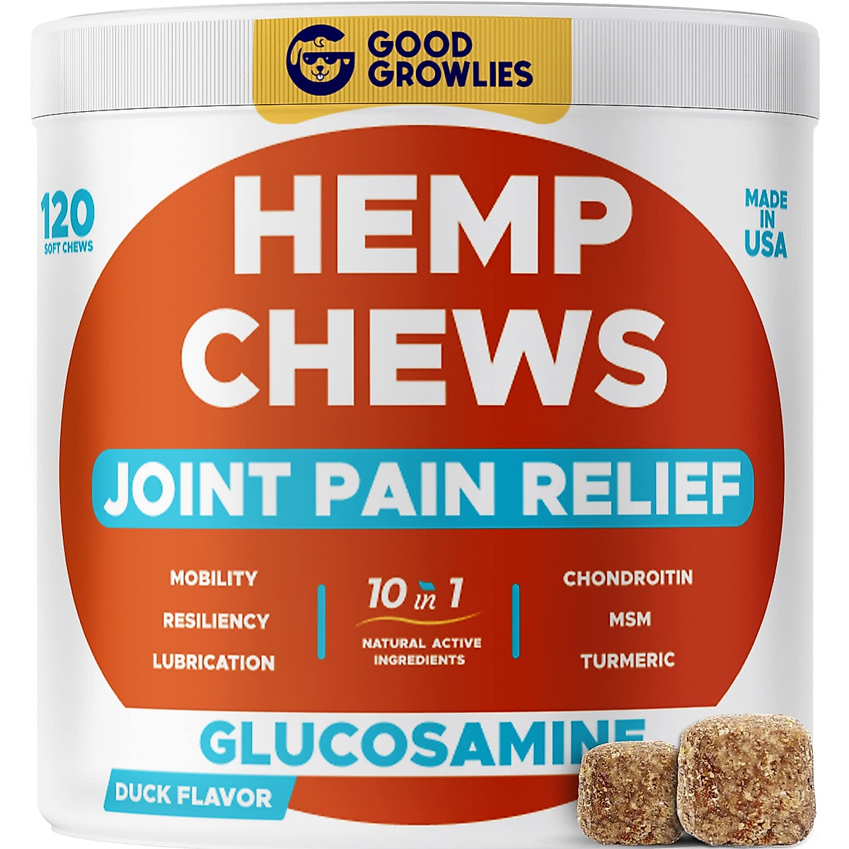 GOODGROWLIES Hemp Hip & Joint Supplement for Dogs Glucosamine, Chondroitin, MSM, Turmeric, Hemp Seed Oil & Hemp Protein for Joint Pain Relief & Mobility 120 Soft Chews Bacon Flavor