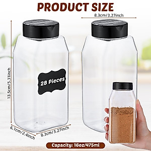 Mifoci 28 Pack 16 oz Plastic Spice Jars with Black Cap Square Plastic Bottle Containers with Shaker Lids and Stickers Large Seasoning Shaker Empty Powder Storage Container for Storing Salt Herbs