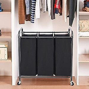 STO STO Laundry Sorter 3 Section, 3 Bag Laundry Hamper, Rolling Laundry Cart, Laundry Basket with Heavy Duty Lockable Wheels and Removable Bag for Clothes Storage, Black