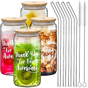 Nuanchu Appreciation Gifts 4 Pack Thanks for Being Awesome Glass Cups with Lids and Straws 16 Oz Thank You Gifts for Women Men Staff Employee Appreciation Gifts for Friends, Coworkers