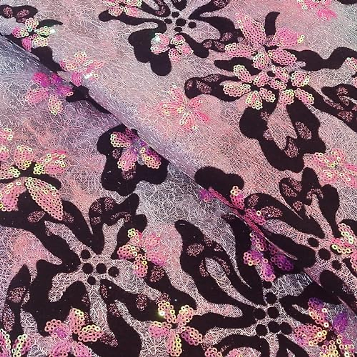 Bestway African Lace Fabric 5 Yards Laser-Cut Velvet Fashion Sequins Embroidery French Net Nigerian Women Party Celebration Fabric (Pink)