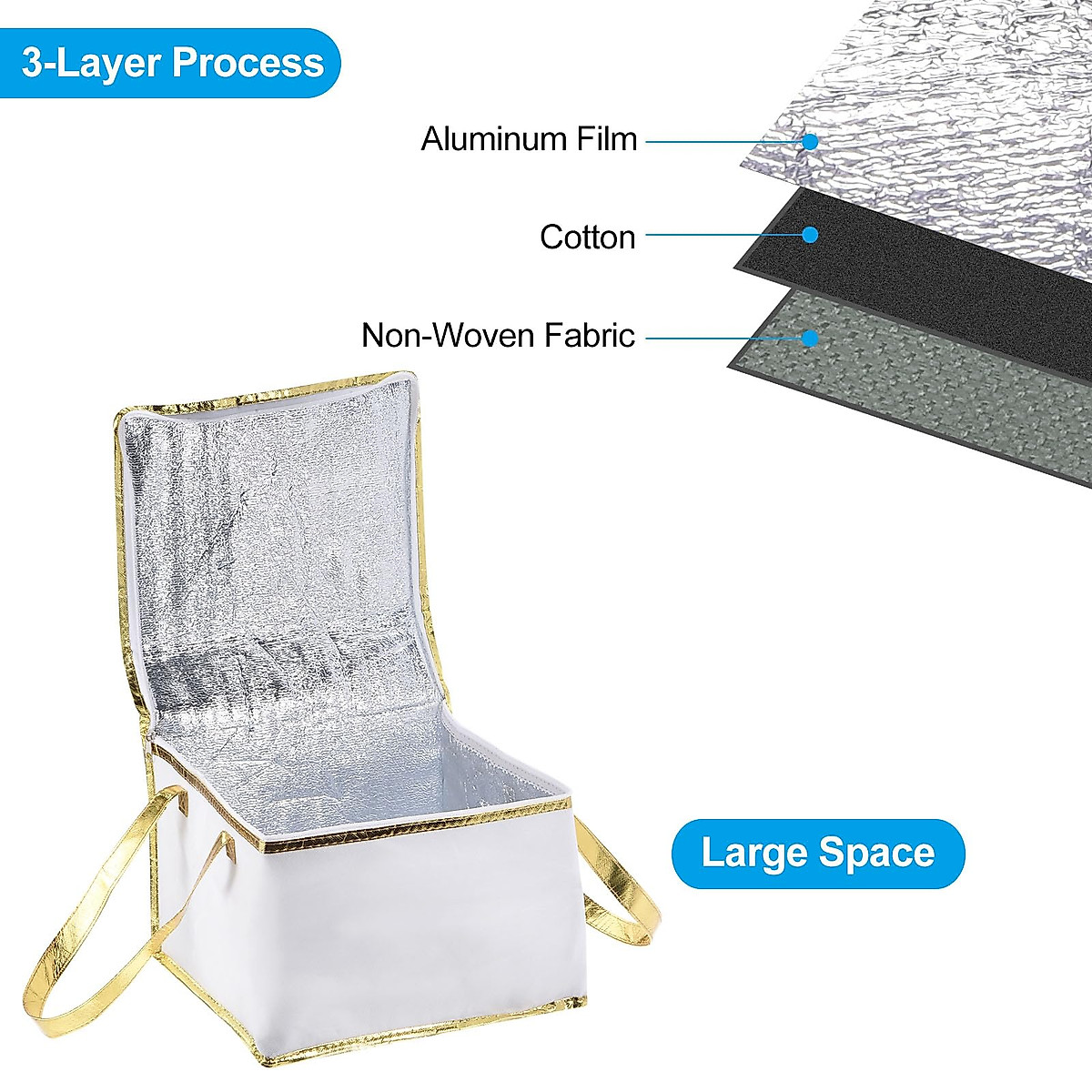 PATIKIL Insulated Grocery Bag, Non-woven Fabric Food Delivery Tote Thermal Cake Carrying Bags Food Container for Home Office Restaurant, 31cmx31cmx22cm, White