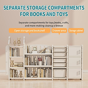 UNICOO Kids Toy Storage Organizer with Removable Bins, 4-Tier Bookshelf and Cabinet - Pull-Out Drawers Shelf for Toddlers - Space-Saving Solution for Nursery, Playroom, Study Room (White)