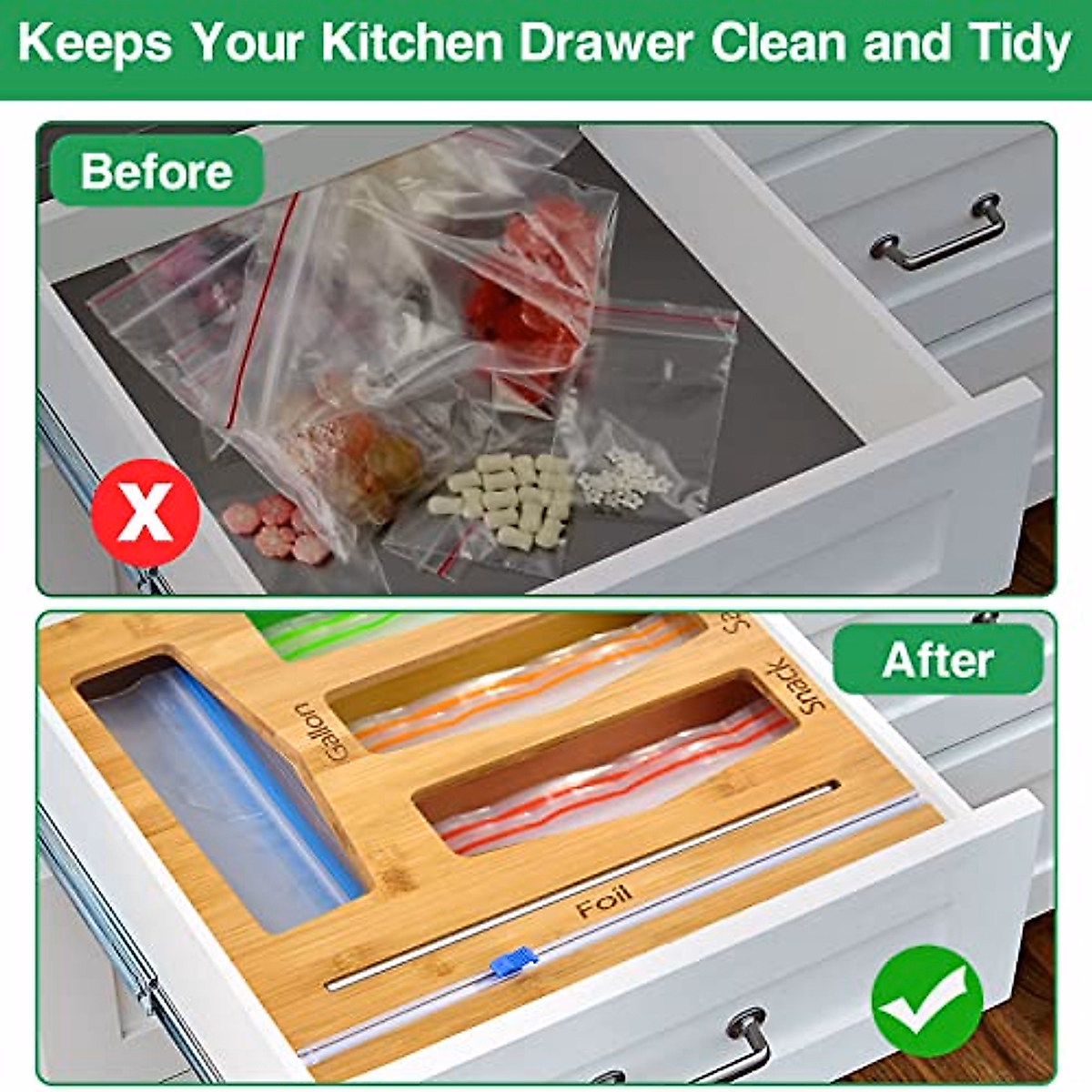 Creatart Bamboo Foil and Plastic Wrap Dispenser with Cutter 6 in 1 Ziplock Bag Storage Organizer for Drawer 12" Food Storage Bag Organizer for Gallon, Quart, Sandwich and Snack