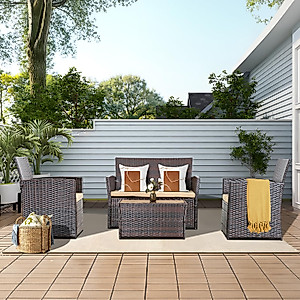 HYDRAGARDEN 4 Piece Patio Furniture Set, Outdoor Wicker Conversation Sets with Cushion, Rattan Sofa Chair for Backyard Lawn Garden (Brown Wicker/Brown Cushion)