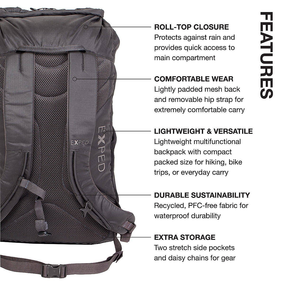 Exped Typhoon 25 | Lightweight Travel Backpack | Waterproof Backpack | Multifunctional Backpack, Black, 25L