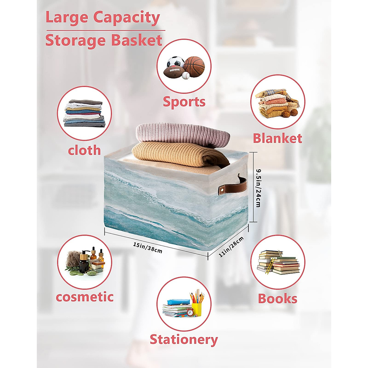 DecorLovee Summer Beach Storage Basket Waterproof Cube Storage Bin Organizer with Handles, Ocean Nautical Coastal Seaside Aqua Beige Collapsible Storage Cubes Bins for Clothes Books 15"x11"x9.5" 1 Pcs