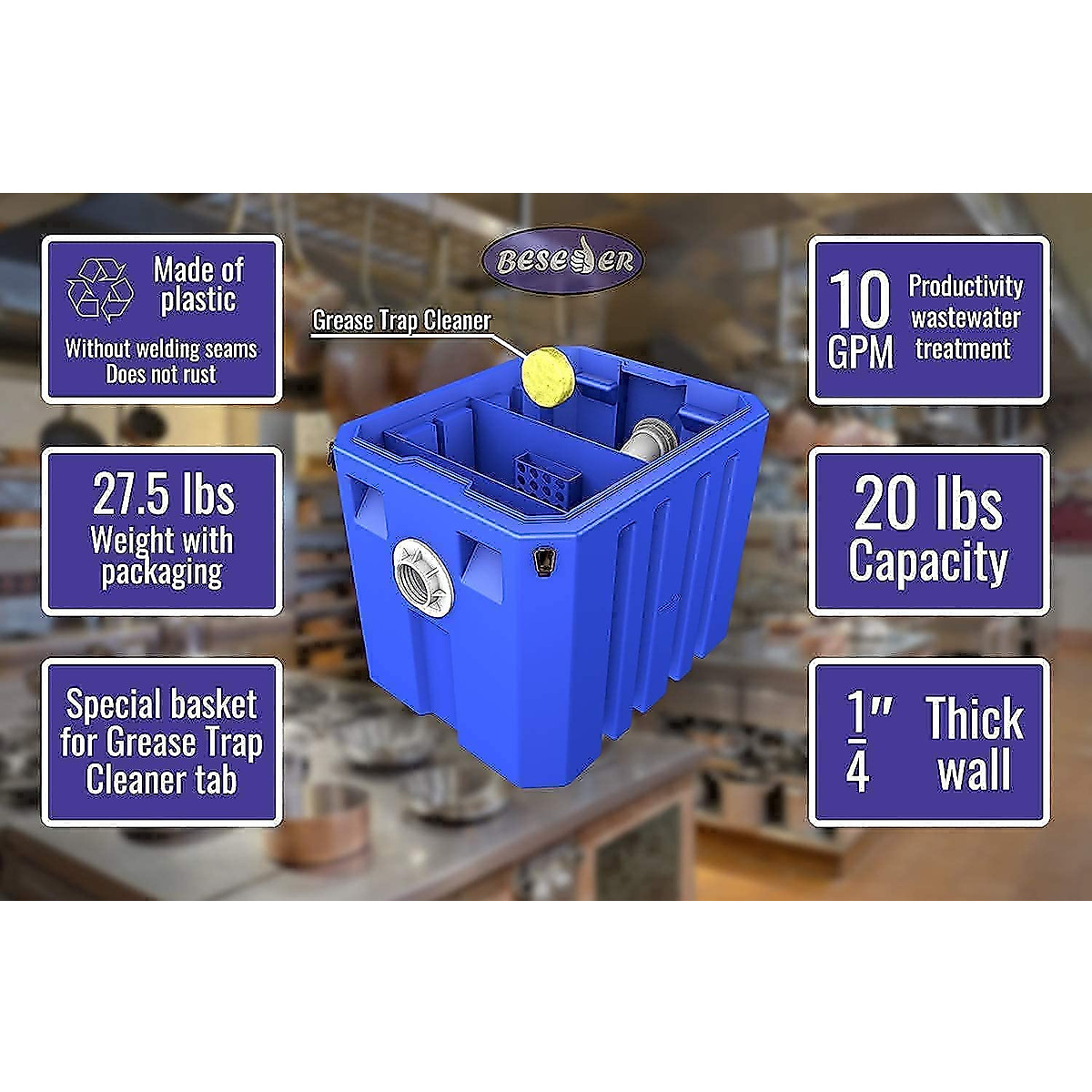 Grease Trap + Grease Trap Cleaner - Grease Interceptor 10 GPM - Grease Traps For Restaurants + Grease Trap Tablets 12 pcs - 20 Lb Grease Trap Interceptor - Plastic Under Sink Grease Trap