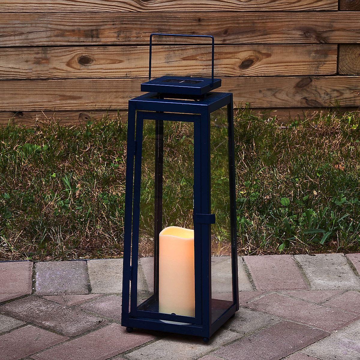 Blue Outdoor Candle Lantern - 15 Inch Tall, Solar Powered, Navy Metal with Glass, Waterproof Flameless Pillar Candles, Dusk to Dawn Timer, Flickering LED Lights, Rustic Farmhouse Patio Decor
