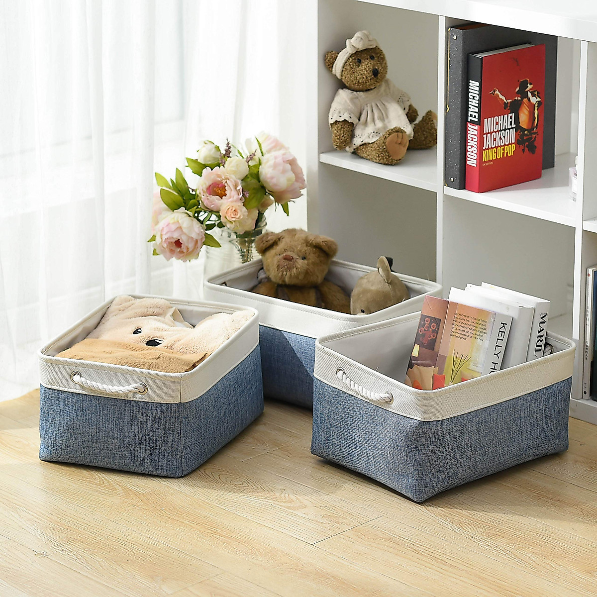 pulnimus Large Foldable Storage Baskets Collapsible Sturdy[3-Pack] Fabric Storage Baskets with Handles for Organizing Shelf Nursery Home Closet & Office 15.7”Lx11.8”Wx8.3”H,White Blue