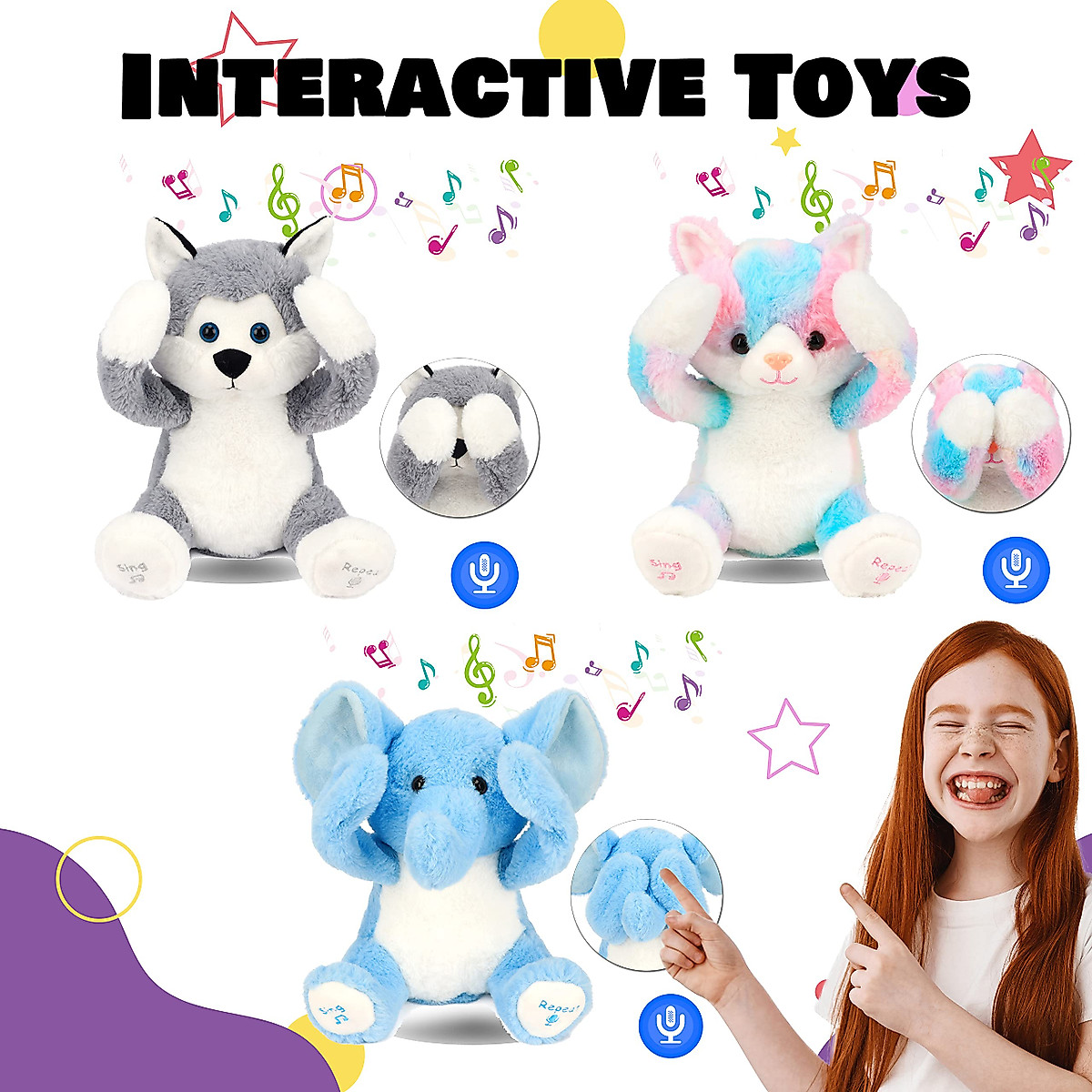 Hopearl Peek A Boo Elephant Interactive Repeats What You Say Plush Elephish Toy Musical Singing Talking Stuffed Animal Adorable Electric Animate Birthday Festival, Blue, 11.5''