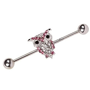 Pierced Republic 14G Industrial Stainless Steel Barbell - Owl w/ Pink Gems - 14 Gauge Cartilage Industrial Ear Piercing Jewelry silver