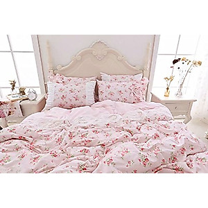 LELVA Romantic Roses Print Duvet Cover Set with Bed Skirt Pink Lace Ruffle Floral Shabby Chic Bedding Sets Queen 4 Piece