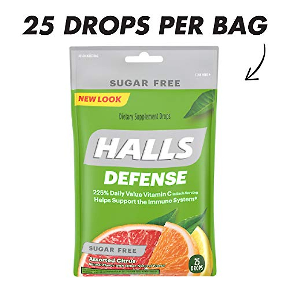 HALLS Defense Assorted Citrus Sugar Free Vitamin C Drops, Dietary Supplement Drops, 12 Bags of 25 Drops (300 Total Drops)