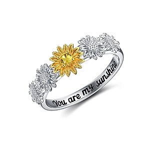 Sunflower Ring Sterling Silver You Are My Sunshine Band Ring with Crystal Promise Ring Gift for Women Teen Girl (7)