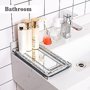SHYFOY 12.5in Mirror Perfume Vanity Tray Crushed Diamond Filled Crystal Decorative Tray Silver Glass Tray Coffee Table Top Tray Decor Makeup Jewelry Tray Bathroom Washstand Tray for Dresser Home Decor