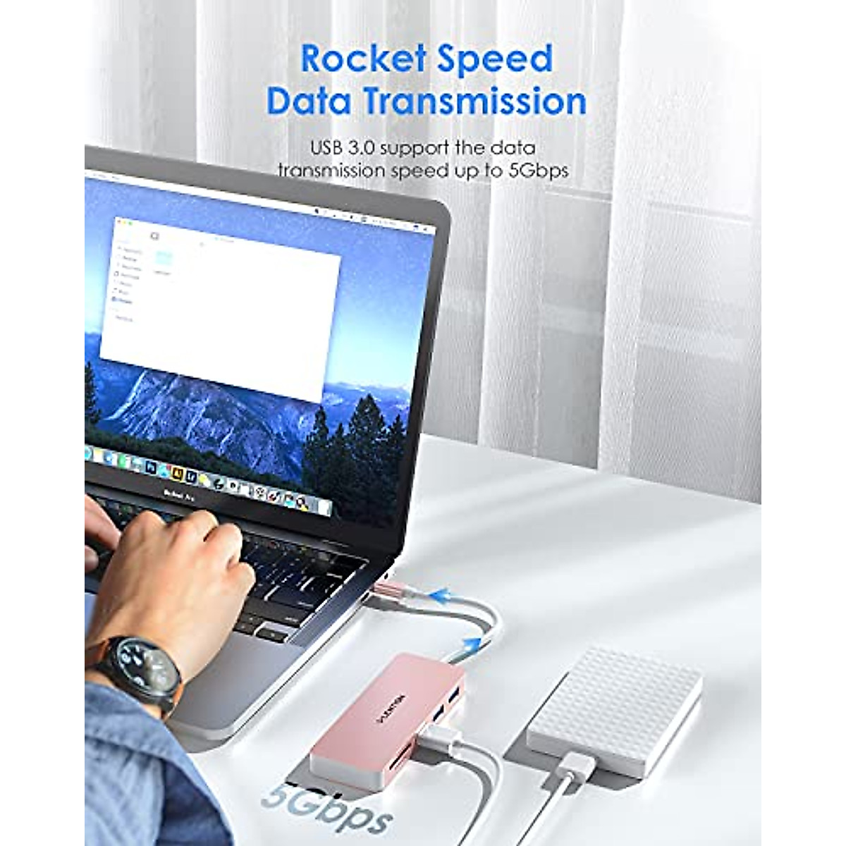 LENTION USB C Hub with 3 USB 3.0 & SD/Micro SD Card Reader Compatible 2022-2016 MacBook Pro, New Mac Air/iPad Pro/Surface, More, Stable Driver Certified Type C Adapter (CB-C15, Rose Gold)