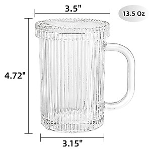 Noamus 2 Pack Coffee Mugs with Glass Lid, 13 oz Clear Ribbed Vertical Stripes Tea Cup, Premium Classic Drinking Glassware Set for Hot Cold Beverage, House Warming Christmas Anniversary Birthday Gift