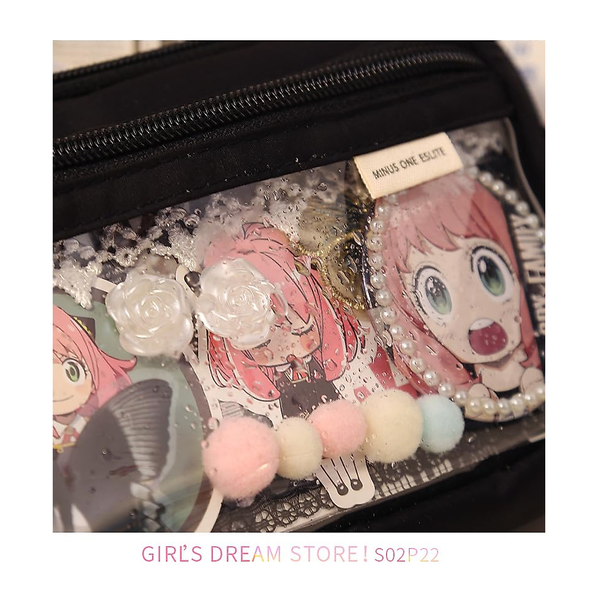 MILLEVIBE ITA Pencil Pouch Anime Display Pen Case Stationery Bag with Clear Insert & Stickers for Teens College Students (Black)