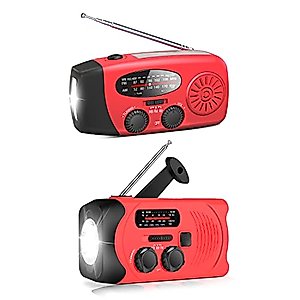 [Upgraded Version] Emergency Weather AM/FM NOAA Solar Powered Wind up Radio with LED Flashlight, 1000/2000mAh Power Bank for Cell Phone and LED Flashlight (Red)