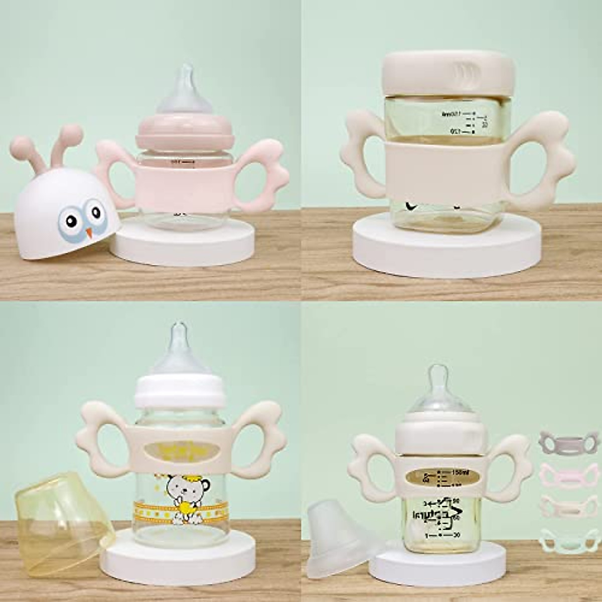 FAREVER Baby Bottle Handles, Silicone Wide-Neck Baby Bottle Handle, Outer Diameter Over 6cm for Bottle Pink/White/Blue/Green (4 Pack)