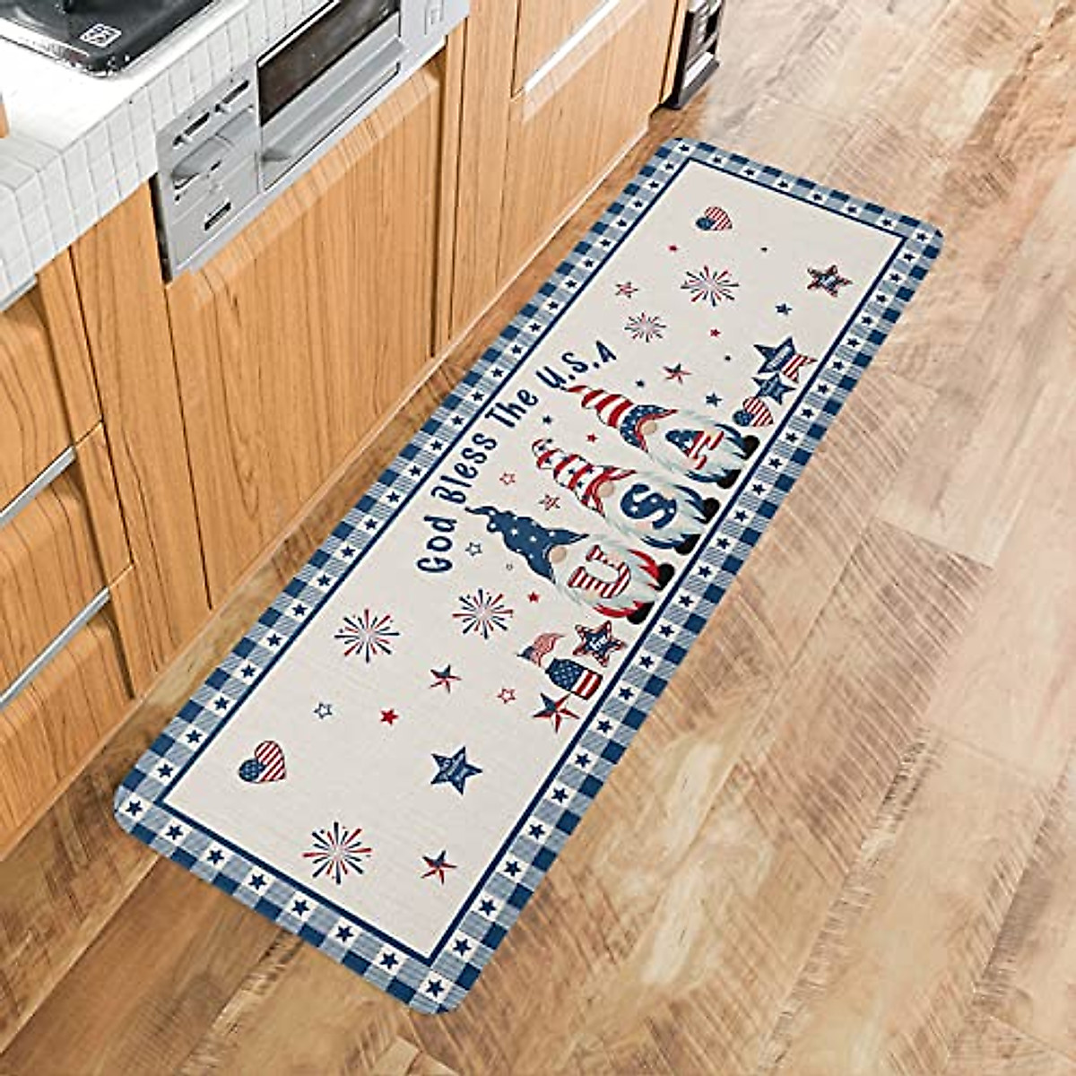 Cushioned AntiFatigue Kitchen Mats and Rugs,4th-of-July Gnomes Absorbent Floor Bath Door Mat,Doormat Accent Runner Carpet Washable Indoor Comfort Standing Mat Independence Day Red Blue Stars Burlap