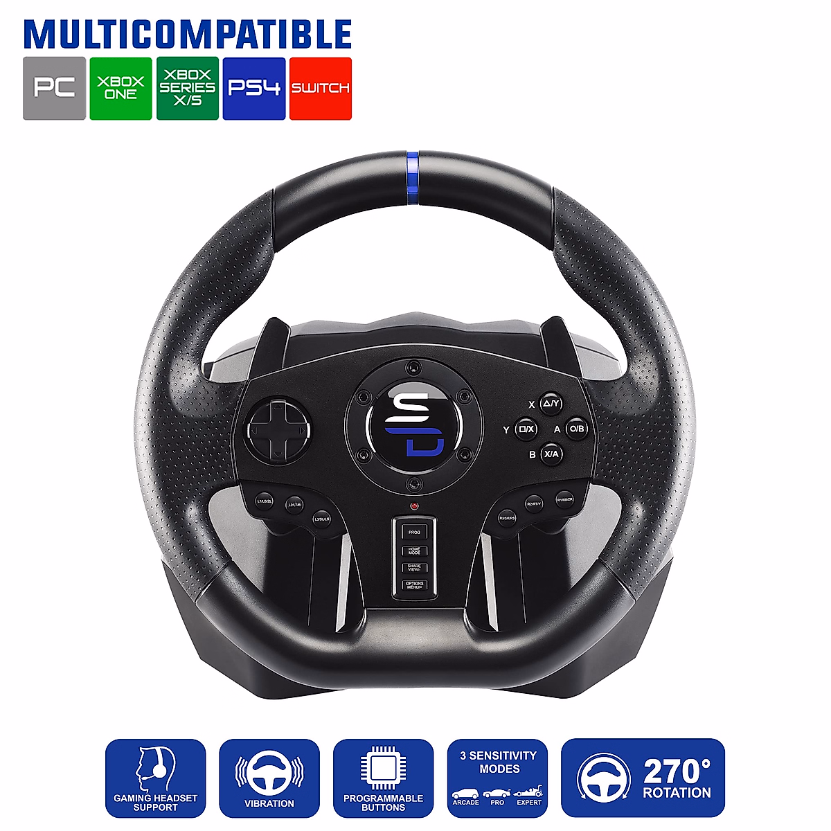 Superdrive - SV750 racing steering wheel with pedals, paddles and vibration - Xbox Serie X/S, PS4, Xbox One, Switch, PC, PS3 (programmable for all games)