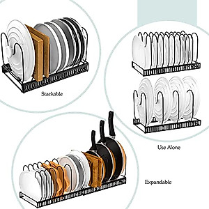 Daddynme Expandable Pot and Pan Organizers Rack, 10+ Pans and Pots Lid Organizer Rack Holder, Kitchen Cabinet Pantry Bakeware Organizer Rack Holder with 10 Adjustable Compartments