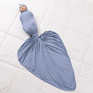 Bayceen Large Jersey Knitted Swaddle Blanket for Baby, Soft Stretchy Receiving Blanket for Newborns with Hat, Large 47 x 47 inches (Steel Blue)