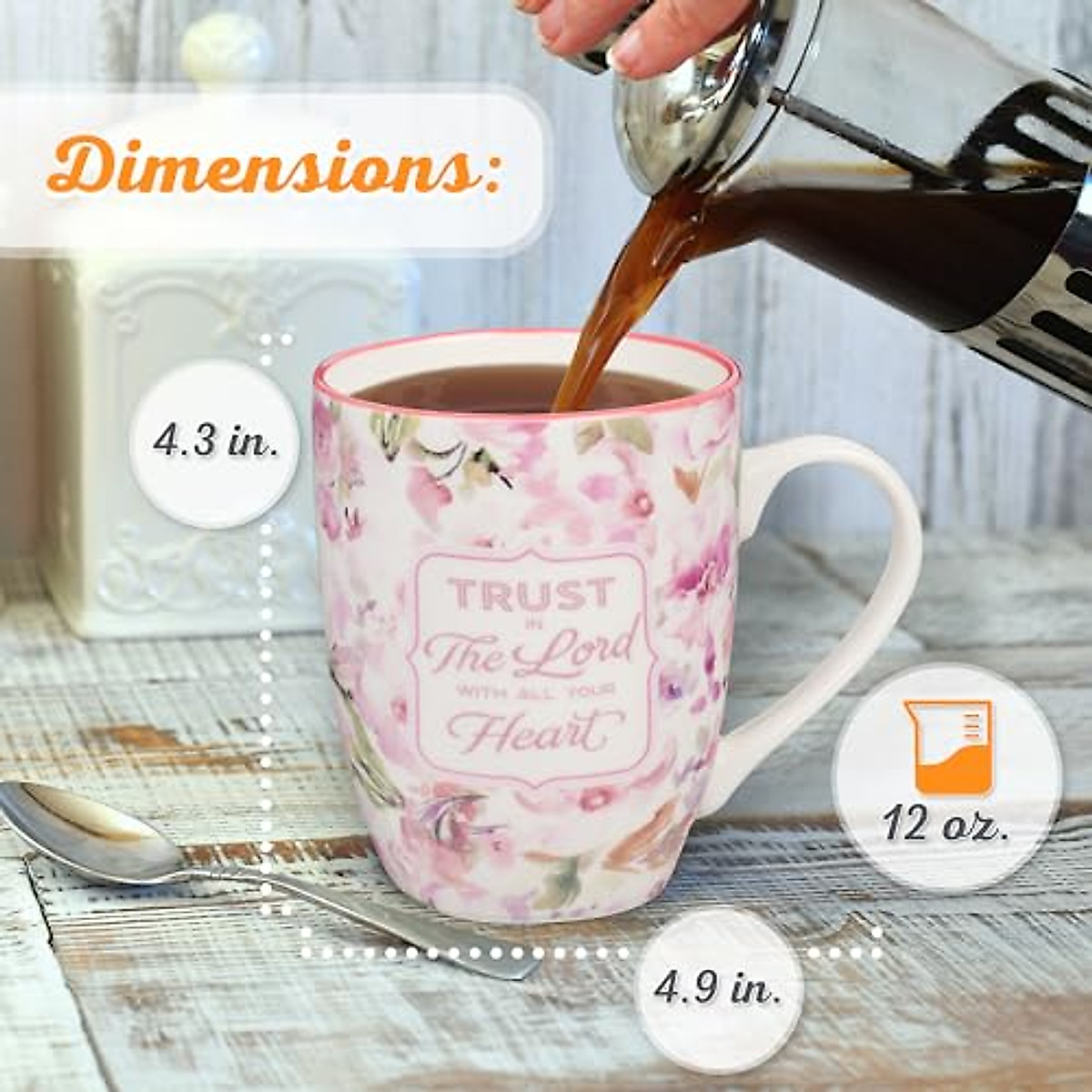 Christian Art Gifts Encouraging Ceramic Coffee & Tea Bible Verse Mug for Women: Trust in the Lord Inspirational Scripture Proverb, Microwave & Dishwasher Safe, White & Pink Watercolor Floral, 12 oz.
