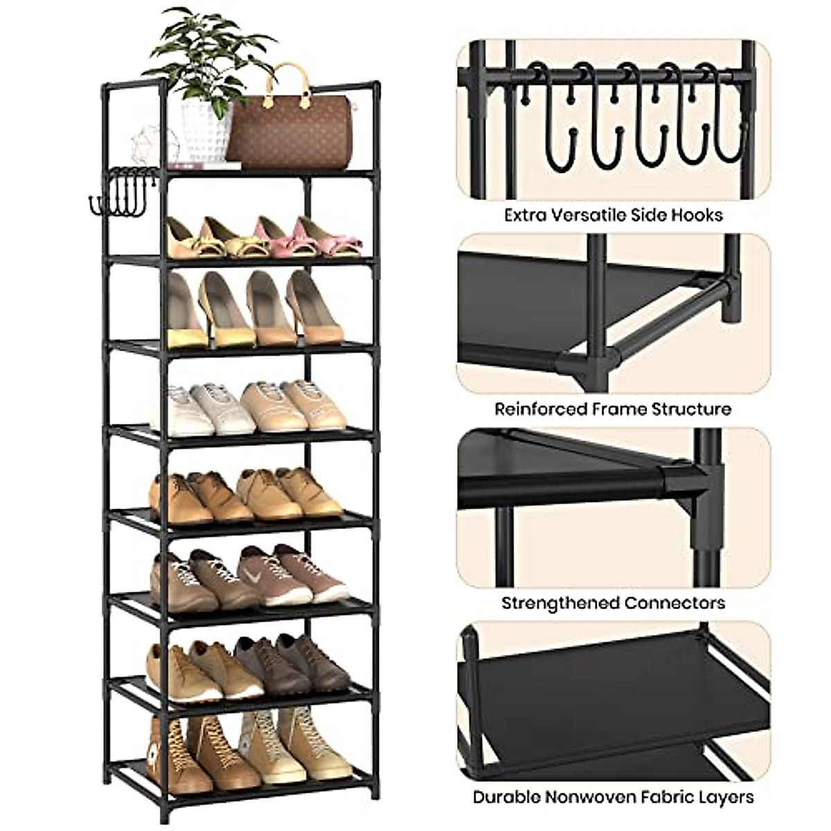 LANTEFUL 8 Tiers Tall Shoe Rack, Narrow Vertical Shoe Rack for Entryway Closet, 16-20 Pairs Shoe and Boots Organizer Storage Sturdy Shoe Shelf, Metal Stackable Shoe Stand with Hooks