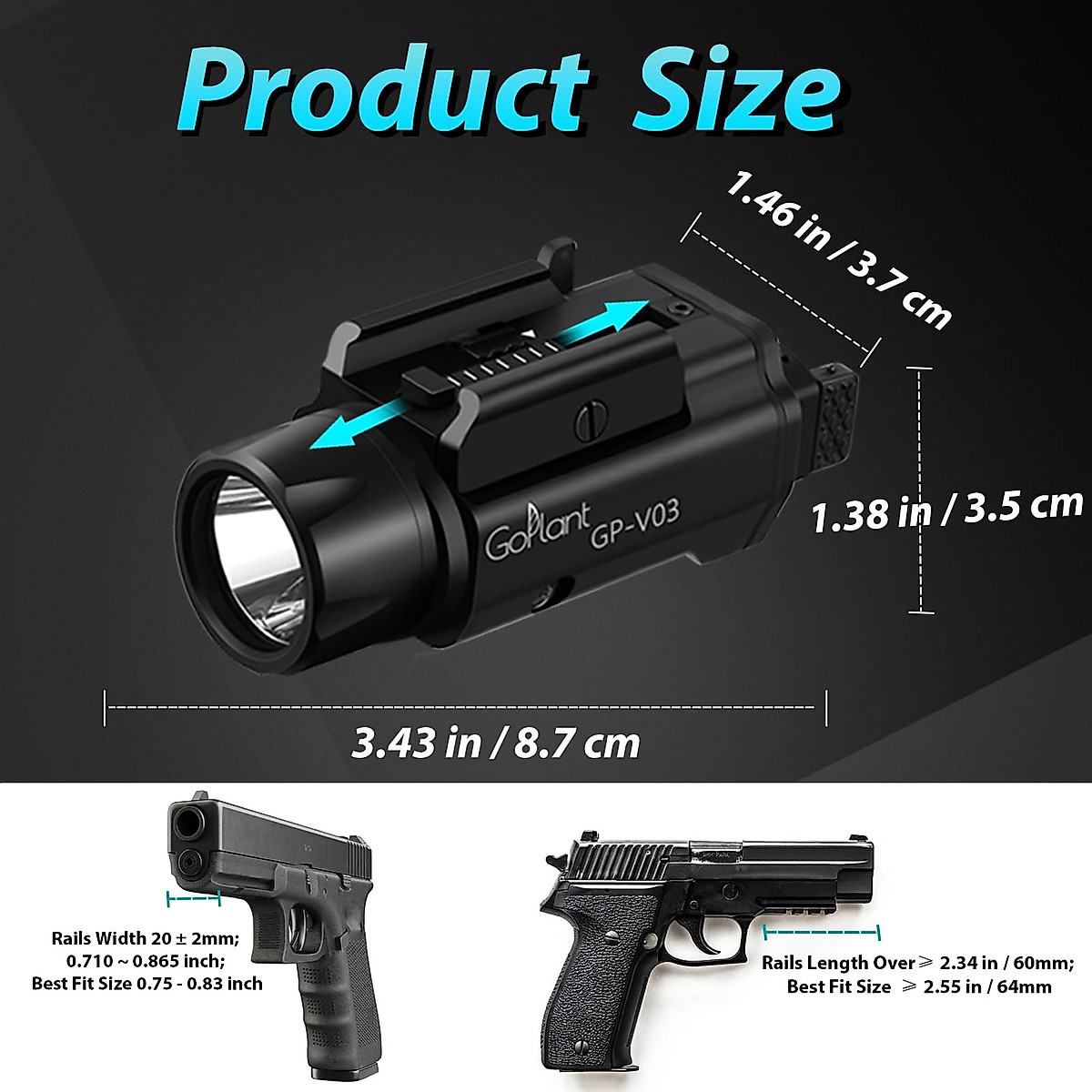 GOPLANT 1500 Lumens Weapon Laser Light Combo - Adjustable Rail LED Light and Green Laser Flashlight, Magnetic Rechargeable Strobe Sub-Compact Tactical Light for Picatinny or GL Rail
