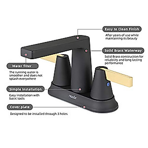 NEWATER 2-Handle Brass Bathroom Sink Faucet 4-Inch Centerset Modern Bath Vanity Faucets 2-3 Hole Rv Commercial Lavatory Faucet with Metal Pop-up Sink Drain & Faucet Supply Lines，Matte Black