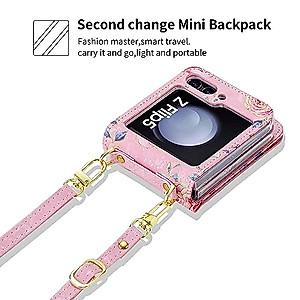 EAXER for Samsung Galaxy Z Flip 5 Case, Shockproof Women Rose Flower with Crossbody Strap Wallet Leather Stand Case Cover (Pink)