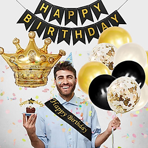 Black and Gold Birthday Decorations for Men Women, Black and Gold Party Decorations Include Crown Hanging Swirls Curtains Tablecloth Cake Toppers Banner for Gold and Black Birthday Decorations for Dad