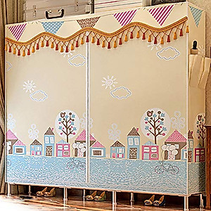 ZZBIQS Extra Large Wardrobe Clothes Storage Closet, Portable Garment Organizer Shelves Rack, Flannel Fabric Cover Standing Closet with Hang Rod and 2 Side Pockets, Beige