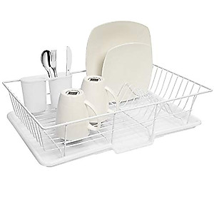 Sweet Home Collection Metal, Plasic 3 Piece Dish Drainer Rack Set with Drying Board and Utensil Holder, 12" x 19" x 5", White