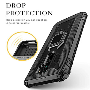Avesfer for Xiaomi Redmi Note 8 Pro Case with Screen Protector Tempered Glass Ring Holder Kickstand Shock Absorbing TPU Phone Cover Ring Holder Kickstand Scratch Resistant Carbon Fiber (Black)