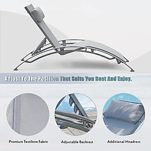 Domi Outdoor Chaise Lounge Set of 3 Patio Recliner Chairs with Adjustable Backrest and Removable Pillow for Indoor&Outdoor Beach Pool Sunbathing Lawn Gray