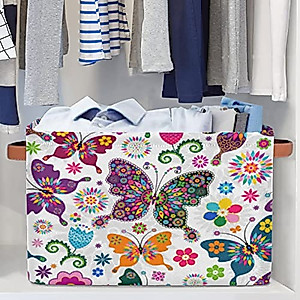 Pardick Floral Butterfly Large Collapsible Storage Bins ,Flying Butterfly Decorative Canvas Fabric Storage Boxes Organizer with Handles，Rectangular Baskets Bin for Home Shelves Closet Nursery Gifts