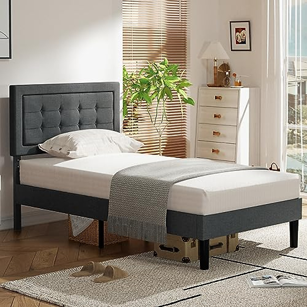 VECELO Twin Size Upholstered Bed Frame with Height Adjustable Fabric Headboard, Heavy-Duty Platform Bedframe/Mattress Foundation/Strong Wood Slat Support/No Box Spring Needed, Grey