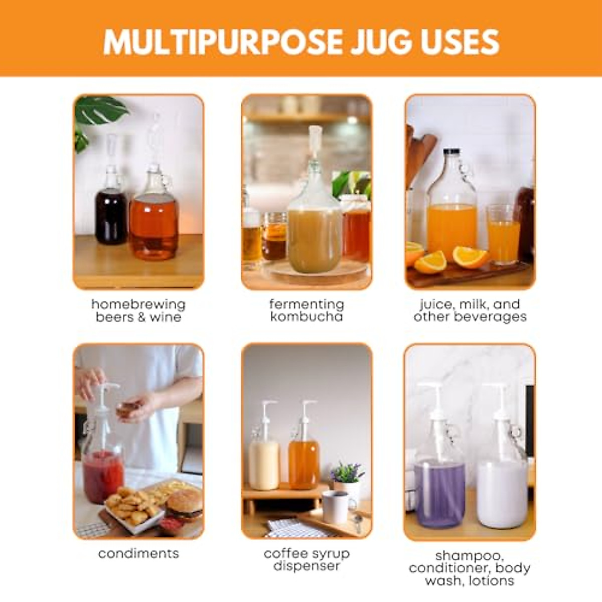 FastRack 128oz Jug (Pack of 4) with White Metal Caps, 1 Gallon Glass Beer Jug, Gallon Glass Jug, Clear Jug for Beer