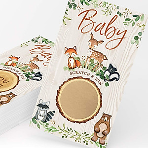 Printed Party Baby Shower Game – Woodland Scratch Off Cards for Boy or Girl, Forest Animal Theme, 30 Cards & Stickers
