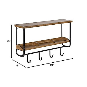 Kate and Laurel Oddell Farmhouse Wall Shelf with Hooks, 24 x 6 x 15, Rustic Brown, Modern Decorative Two-Tier Shelf
