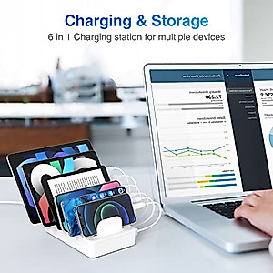 ZXSWONLY Charging Station for Multiple Devices, 50W 6 Ports USB Charging Station Organizer with 6 Cables Compatible with Cellphone, Tablet, Kindle, and Other Electronic (White)