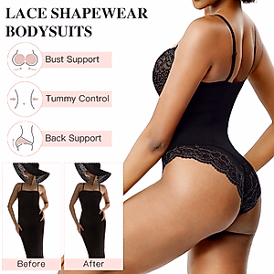 Slimers Women Lace Bodysuit Shapewear for Women Tummy Control Sexy Backless V Neck Thong Bodysuit Built in Bra