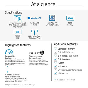 HP 4NN56AA#ABA Pavilion 24-Inch All-in-One Computer, Intel Core i5-9400T, 12 GB RAM, 512 GB Solid State Drive, Windows 10 (24-Xa0032, Black)