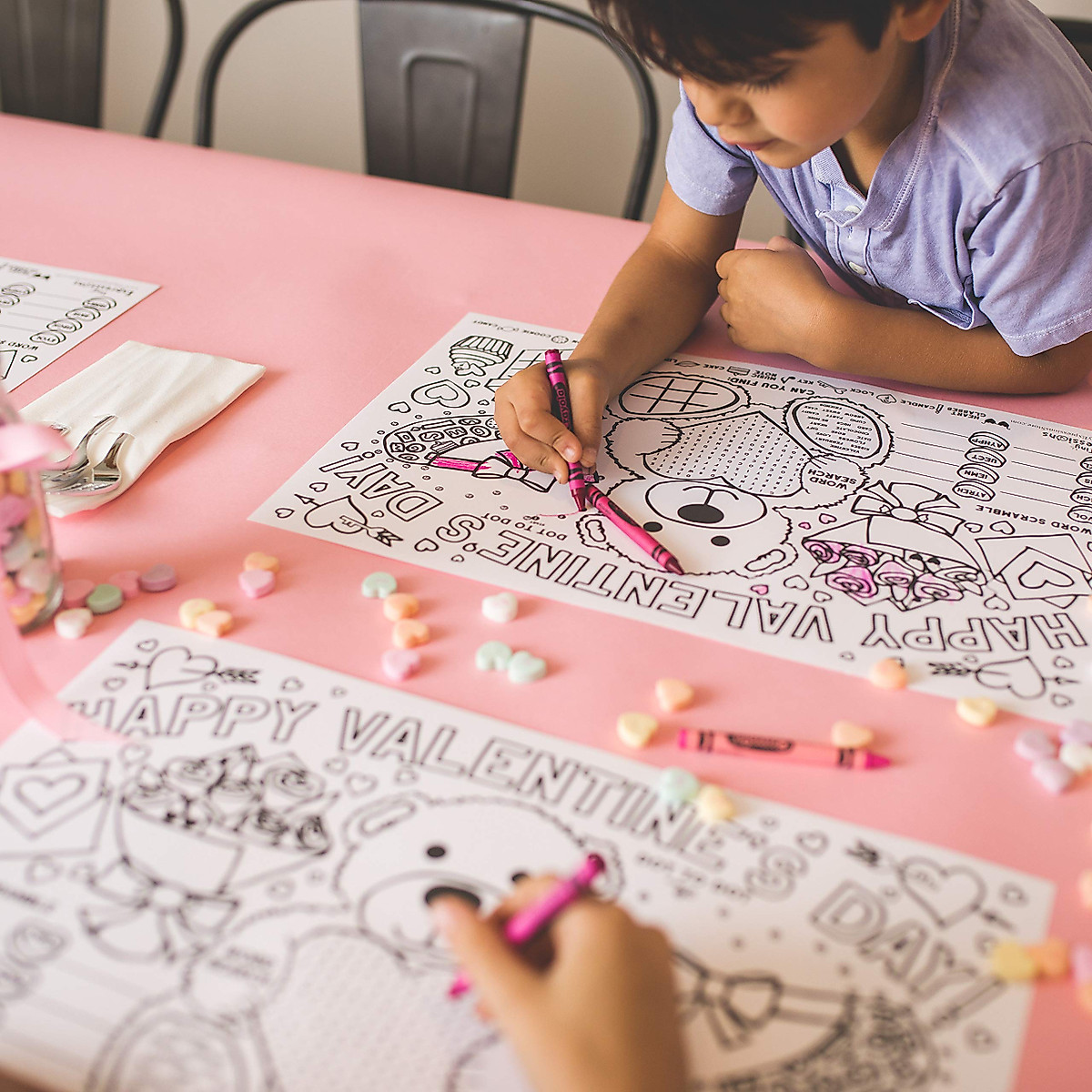Tiny Expressions - Valentine's Day Coloring Placemats for Kids – Pack of 12 Disposable Paper Mats for Kids Table at Valentines Party, Includes Activities & Games for Kids